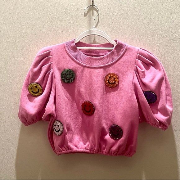 Tops | Queen Of Sparkles 3d Pink Smiley Poof Top | Poshmark